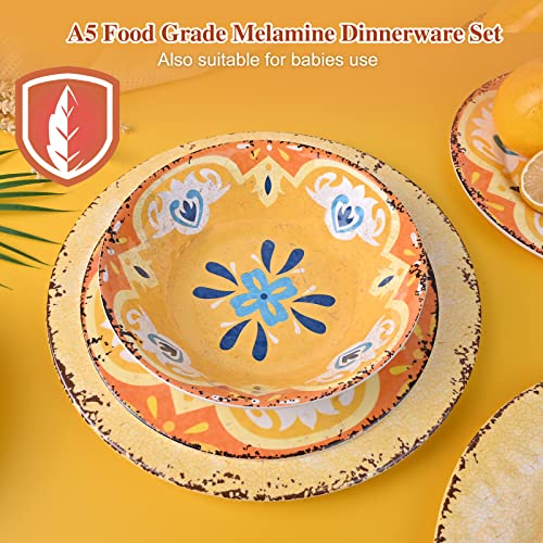 12 Piece Melamine Dinnerware Sets Service for 4 - Includes 4 Dinner Plates 4 Salad Plates and 4 Bowls Made of A5 Melamine Use at Home & Outdoor Dining, Picnic, Camping and Rvs - Mayan Style Yellow