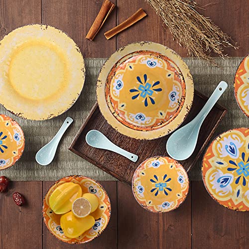 12 Piece Melamine Dinnerware Sets Service for 4 - Includes 4 Dinner Plates 4 Salad Plates and 4 Bowls Made of A5 Melamine Use at Home & Outdoor Dining, Picnic, Camping and Rvs - Mayan Style Yellow