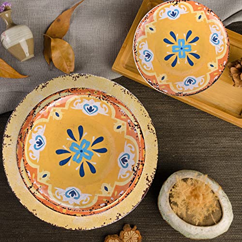 12 Piece Melamine Dinnerware Sets Service for 4 - Includes 4 Dinner Plates 4 Salad Plates and 4 Bowls Made of A5 Melamine Use at Home & Outdoor Dining, Picnic, Camping and Rvs - Mayan Style Yellow