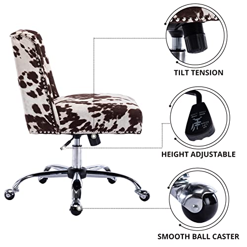 Hyfirm Home Office Desk Chair with Wheels, Modern Rolling Task Chair for Bedroom/Computer/Studing/Small Spaces, Teen Girls Comfy Fabric Armless Desk Chair, Cow