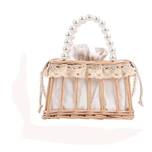 zhyling handmade woven purse wicker beach handbag fashion women pure color rattan woven pearl basket handbag mini tote lunch bags (color : 5)