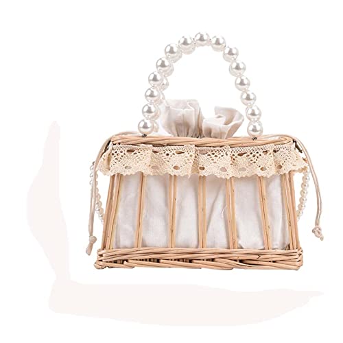 ZHYLing Handmade Woven Purse Wicker Beach Handbag Fashion Women Pure Color Rattan Woven Pearl Basket Handbag Mini Tote Lunch Bags (Color : 5)