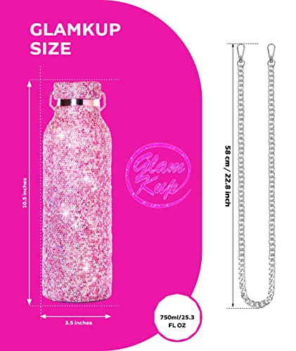 GlamKup Diamond Water Bottle Bling Cup Glitter Water Bottle Rhinestone Dazzling Stainless Steel Insulated Bottle Sparkling Cup Thermos Bottle with Chain Brush Extra Rhinestone