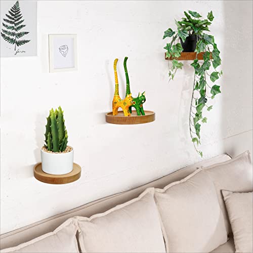 AceList 3-Pack Round Floating Shelves for Wall Decor, 6'' Diameter Beech Wood Circle Floating Shelf, Cup Plant Wall Shelves for Bedroom, Bedroom, Living Room, Bathroom, Kitchen