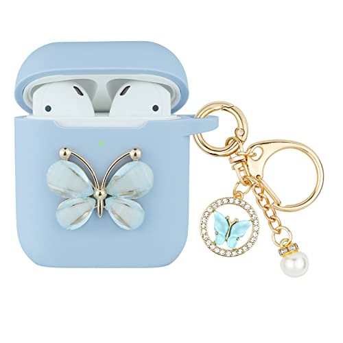 Wonhibo Cute Butterfly Airpods Case, Silicone Girls Blue Designer Cover for Apple Airpod 1 & 2 with Keychain