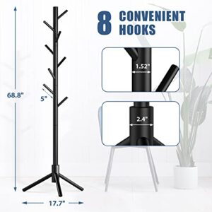 Haddockway Wooden Coat Rack Stand with 8 Hooks New Zealand Pine Adjustable Coat Standing Tree Easy Assembly for Coats, Hats, Scarves and Handbags for Entryway, Hallway, Bedroom, Office Black