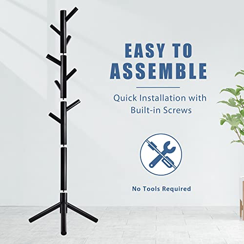 Haddockway Wooden Coat Rack Stand with 8 Hooks New Zealand Pine Adjustable Coat Standing Tree Easy Assembly for Coats, Hats, Scarves and Handbags for Entryway, Hallway, Bedroom, Office Black