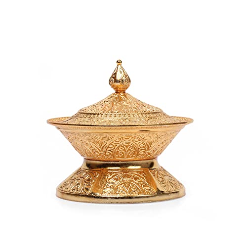 Alisveristime Traditional Ottoman Turkish Handmade Zamac Sugar Bowl with Lid (Diameter 3.34", Length 3.54"), Intricate Motifs, Ideal for Coffee and Tea Serving (Gold)