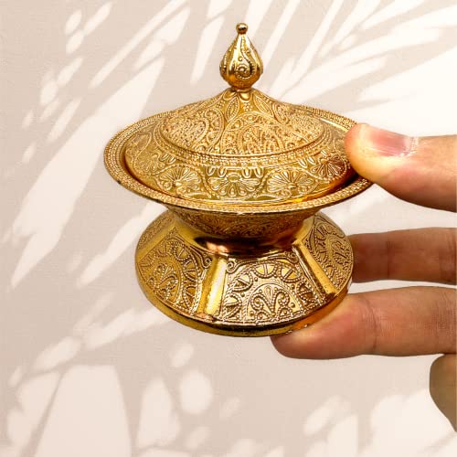 Alisveristime Traditional Ottoman Turkish Handmade Zamac Sugar Bowl with Lid (Diameter 3.34", Length 3.54"), Intricate Motifs, Ideal for Coffee and Tea Serving (Gold)