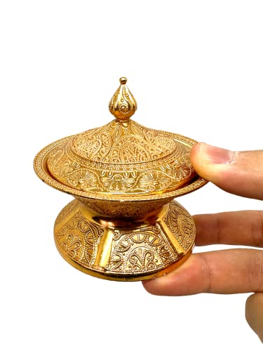 Alisveristime Traditional Ottoman Turkish Handmade Zamac Sugar Bowl with Lid (Diameter 3.34", Length 3.54"), Intricate Motifs, Ideal for Coffee and Tea Serving (Gold)