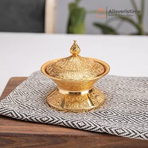 Alisveristime Traditional Ottoman Turkish Handmade Zamac Sugar Bowl with Lid (Diameter 3.34", Length 3.54"), Intricate Motifs, Ideal for Coffee and Tea Serving (Gold)