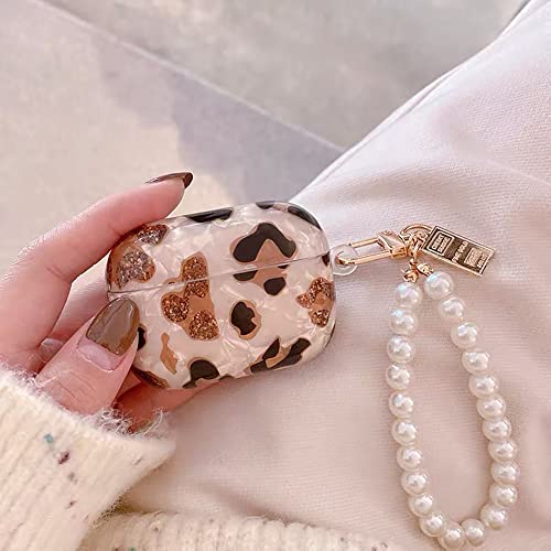 SAMTANY Airpods Pro 2019 Case Cover with Pearl Keychain Airpods Accessories Skin Cover for Women Girl Earbuds Case Protective Cover for Apple Airpods Pro Charging Case (Leopard)