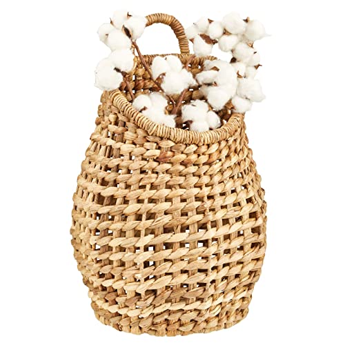 mDesign Open Weave Water Hyacinth Hanging Wall Storage Belly Basket for Flowers & Essentials, Decorative Boho Mounted Organizer for Pantry, Closet, Bathroom, and The Door - Natural/Tan