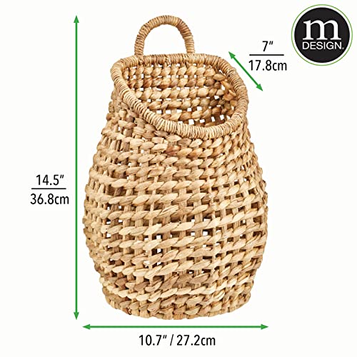 mDesign Open Weave Water Hyacinth Hanging Wall Storage Belly Basket for Flowers & Essentials, Decorative Boho Mounted Organizer for Pantry, Closet, Bathroom, and The Door - Natural/Tan