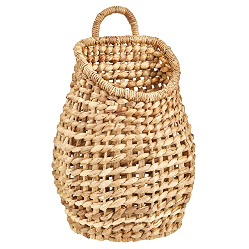 mDesign Open Weave Water Hyacinth Hanging Wall Storage Belly Basket for Flowers & Essentials, Decorative Boho Mounted Organizer for Pantry, Closet, Bathroom, and The Door - Natural/Tan