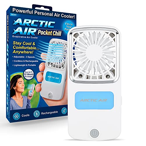 Arctic Air Portable Fan, Pocket Chill Handheld Mini Fan, Rechargeable Personal Air Cooler with Hydro-Chill Technology, 3 Speeds & Built-in-Kickstand, Cordless for Travel, Indoor or Outdoor Use