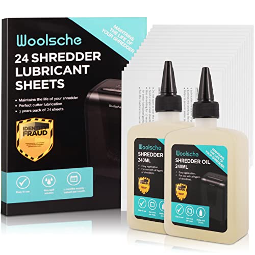 Woolsche Shredder Oil :Pack of 2 Paper Shredder Oil 240ML and 24 Pcs Shredder Lubricant Sheets,Shredder Bags,High Viscosity, Special Formula Lubricating Shredder Oil for Commercial Paper Shredder