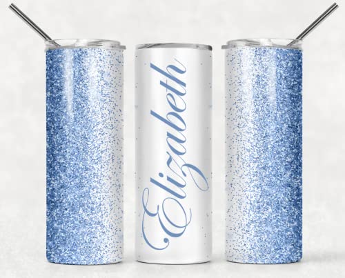 Personalized Insulated 20oz Tumbler | Stainless Steel Insulated Cup | Travel Cup | Double Wall Coffee Cup for Hot and Cold Drinks | Sky Blue Glitter Effect with Name