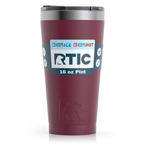 RTIC Pint 16 oz Insulated Tumbler Stainless Steel Metal Coffee, Frozen Cocktail, Drink, Tea Travel Cup with Lid, Spill Proof, Hot and Cold, Portable Thermal Mug for Car, Camping, Maroon