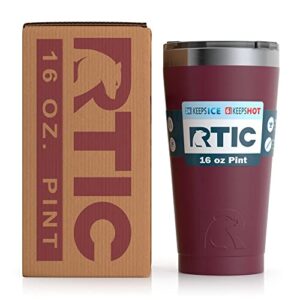 RTIC Pint 16 oz Insulated Tumbler Stainless Steel Metal Coffee, Frozen Cocktail, Drink, Tea Travel Cup with Lid, Spill Proof, Hot and Cold, Portable Thermal Mug for Car, Camping, Maroon