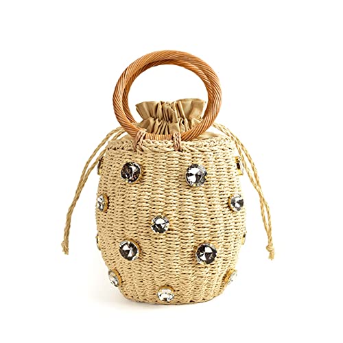 ZHYLing Small Drawstring Straw Tote Hand Braided Bucket Bag Summer Beach Wrist Wallet Organizer (Color : Beige)