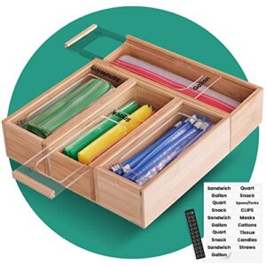 bag storage organizer for drawer - ziplock bag storage organizer with slider cover - bamboo food plastic baggie holder & container, sandwich & snack sized slider bags dispenser for your kitchen drawer