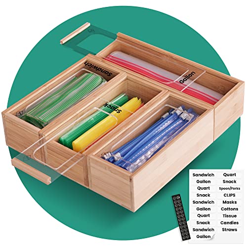 Bag Storage Organizer for Drawer - Ziplock Bag Storage Organizer with Slider Cover - Bamboo Food Plastic Baggie Holder & Container, Sandwich & Snack Sized Slider Bags Dispenser for your kitchen drawer