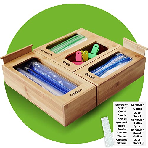 Bag Storage Organizer for Drawer - Ziplock Bag Storage Organizer with Slider Cover - Bamboo Food Plastic Baggie Holder & Container, Sandwich & Snack Sized Slider Bags Dispenser for your kitchen drawer