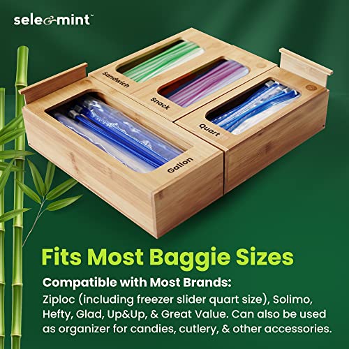 Bag Storage Organizer for Drawer - Ziplock Bag Storage Organizer with Slider Cover - Bamboo Food Plastic Baggie Holder & Container, Sandwich & Snack Sized Slider Bags Dispenser for your kitchen drawer