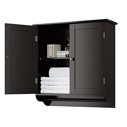 SOMY Bathroom Wall Cabinet, Over The Toilet Space Saver Storage Cabinet, Medicine Cabinet with 2 Doors Cupboard with Adjustable Shelf and Towels Bar, Dark Brown