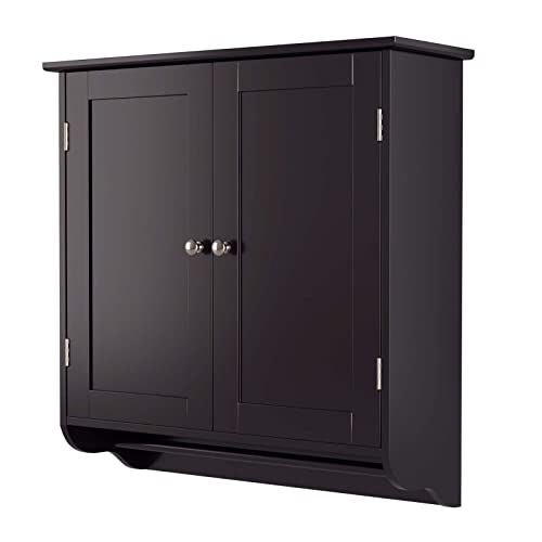 SOMY Bathroom Wall Cabinet, Over The Toilet Space Saver Storage Cabinet, Medicine Cabinet with 2 Doors Cupboard with Adjustable Shelf and Towels Bar, Dark Brown