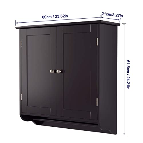 SOMY Bathroom Wall Cabinet, Over The Toilet Space Saver Storage Cabinet, Medicine Cabinet with 2 Doors Cupboard with Adjustable Shelf and Towels Bar, Dark Brown