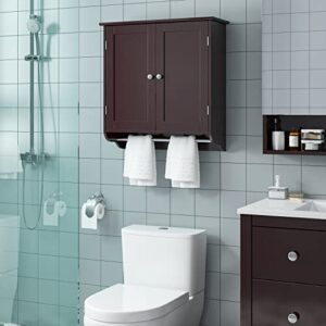 SOMY Bathroom Wall Cabinet, Over The Toilet Space Saver Storage Cabinet, Medicine Cabinet with 2 Doors Cupboard with Adjustable Shelf and Towels Bar, Dark Brown