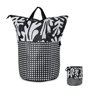 YOHOM Round Laundry Basket with Zipper, Adjustable Clothes Hamper Stand-up Hamper Retractable Laundry Bag for College Dorm, Bedroom, Bathroom, Kids Room (Black Floral, Large)