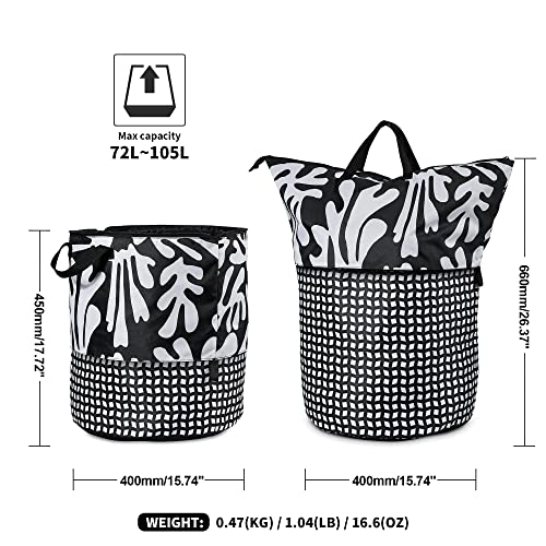 YOHOM Round Laundry Basket with Zipper, Adjustable Clothes Hamper Stand-up Hamper Retractable Laundry Bag for College Dorm, Bedroom, Bathroom, Kids Room (Black Floral, Large)