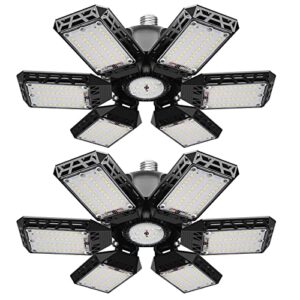 2 pack led garage light, 200w led shop light, e26/e27 garage lights super bright deformable led garage ceiling light with 6+1 adjustable panels garage lighting, bay light, attic light, basement light