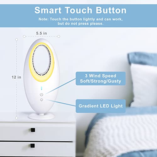 Desk Fan, Bladeless Fan Small Table Fan with Gradient LED Light, 4000mAh 12 Inch Quiet Portable Personal Fan with Touch Control for Bedroom Office Desktop Dorm