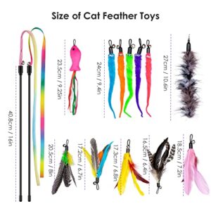 Oziral Cat Feather Toys 18 Pack Interactive Cat Toys Include 2PCS Retractable Cat Wand Toys Cat Rainbow Wand and 10PCS Assorted Cat Teaser Refills with Bell for Indoor Cats Kitten