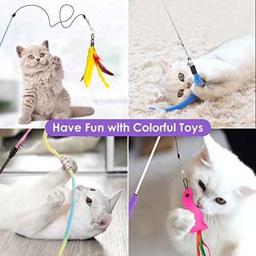 Oziral Cat Feather Toys 18 Pack Interactive Cat Toys Include 2PCS Retractable Cat Wand Toys Cat Rainbow Wand and 10PCS Assorted Cat Teaser Refills with Bell for Indoor Cats Kitten