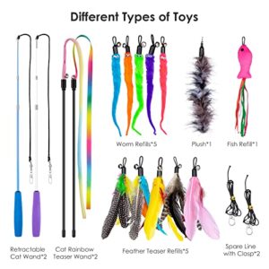 Oziral Cat Feather Toys 18 Pack Interactive Cat Toys Include 2PCS Retractable Cat Wand Toys Cat Rainbow Wand and 10PCS Assorted Cat Teaser Refills with Bell for Indoor Cats Kitten