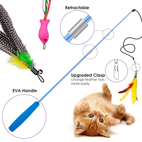 Oziral Cat Feather Toys 18 Pack Interactive Cat Toys Include 2PCS Retractable Cat Wand Toys Cat Rainbow Wand and 10PCS Assorted Cat Teaser Refills with Bell for Indoor Cats Kitten