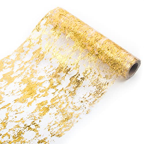 Ohanniewa Gold Table Runner 11 Inch x 16 Feet Glitter Metallic Gold Mesh Table Runner Roll Table Decorations for Wedding, Birthday, Banquet, Christmas