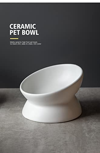 KITCHENLESTAR Ceramic Raised Cat Bowls, Slanted Cat Dish Food or Water Bowls, Elevated Porcelain Pet Feeder Bowl Protect Cat's Spine, Stress Free, Backflow Prevention (Grey) (White)