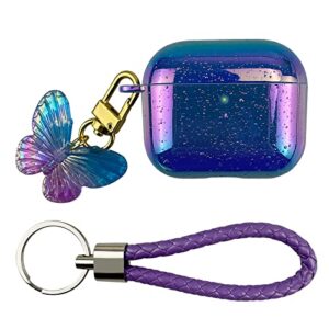 aiiekz compatible with airpods 3 case cover with butterfly keychain and lanyard, colorful laser water drop design hard pc protective case for airpods 3rd generation case 2021 (glittery purple)