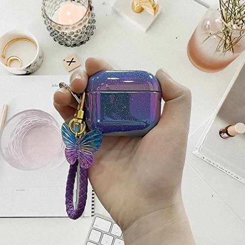 AIIEKZ Compatible with AirPods 3 Case Cover with Butterfly Keychain and Lanyard, Colorful Laser Water Drop Design Hard PC Protective Case for AirPods 3rd Generation Case 2021 (Glittery Purple)