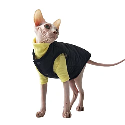 Sphynx Hairless Cat Clothes Winter Vest, Pet Warm Outerwear Sleeveless Apparel for Cats & Small Dogs Black S