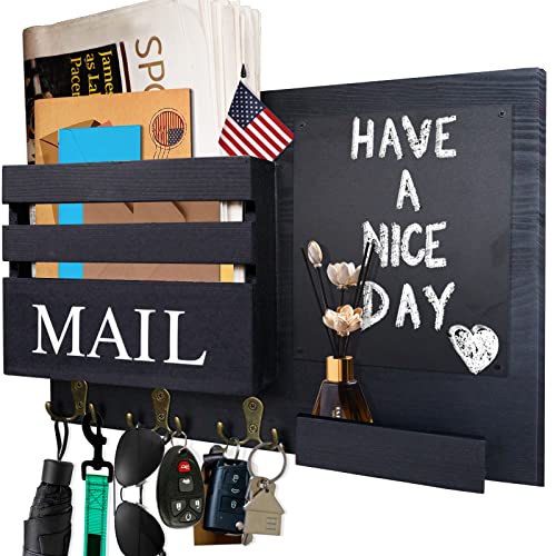 Forzater Upgraded Key Holder Mail Organizer Wall Mounted with 3 Double Hooks with Black Board Floating Shelf Rustic Wood Decorative Hanger for Entry Way