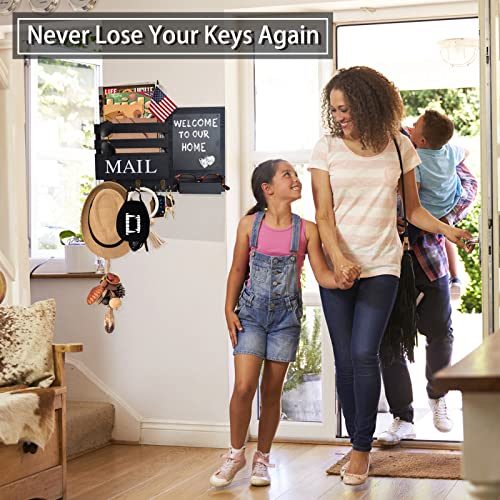 Forzater Upgraded Key Holder Mail Organizer Wall Mounted with 3 Double Hooks with Black Board Floating Shelf Rustic Wood Decorative Hanger for Entry Way