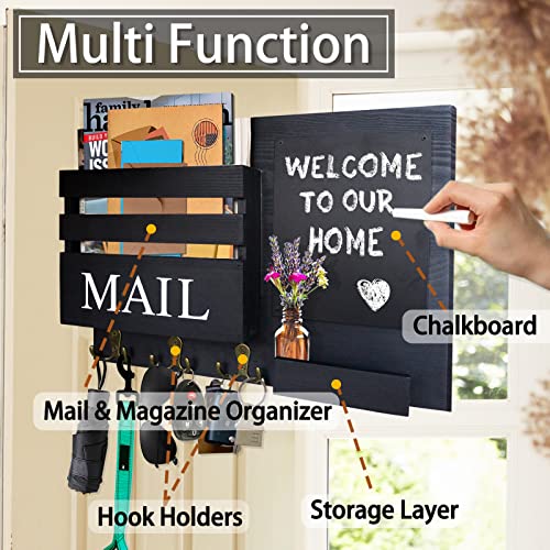 Forzater Upgraded Key Holder Mail Organizer Wall Mounted with 3 Double Hooks with Black Board Floating Shelf Rustic Wood Decorative Hanger for Entry Way