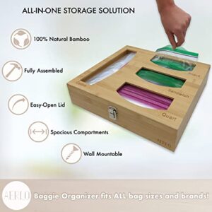 AERLO Bamboo Bag Storage Organizer and Dispenser - Large Size for USA Quart, Gallon, Sandwich and Snack Bags - Kitchen Drawer or Pantry Wooden Baggie Container - No Assembly Required (Natural Bamboo)